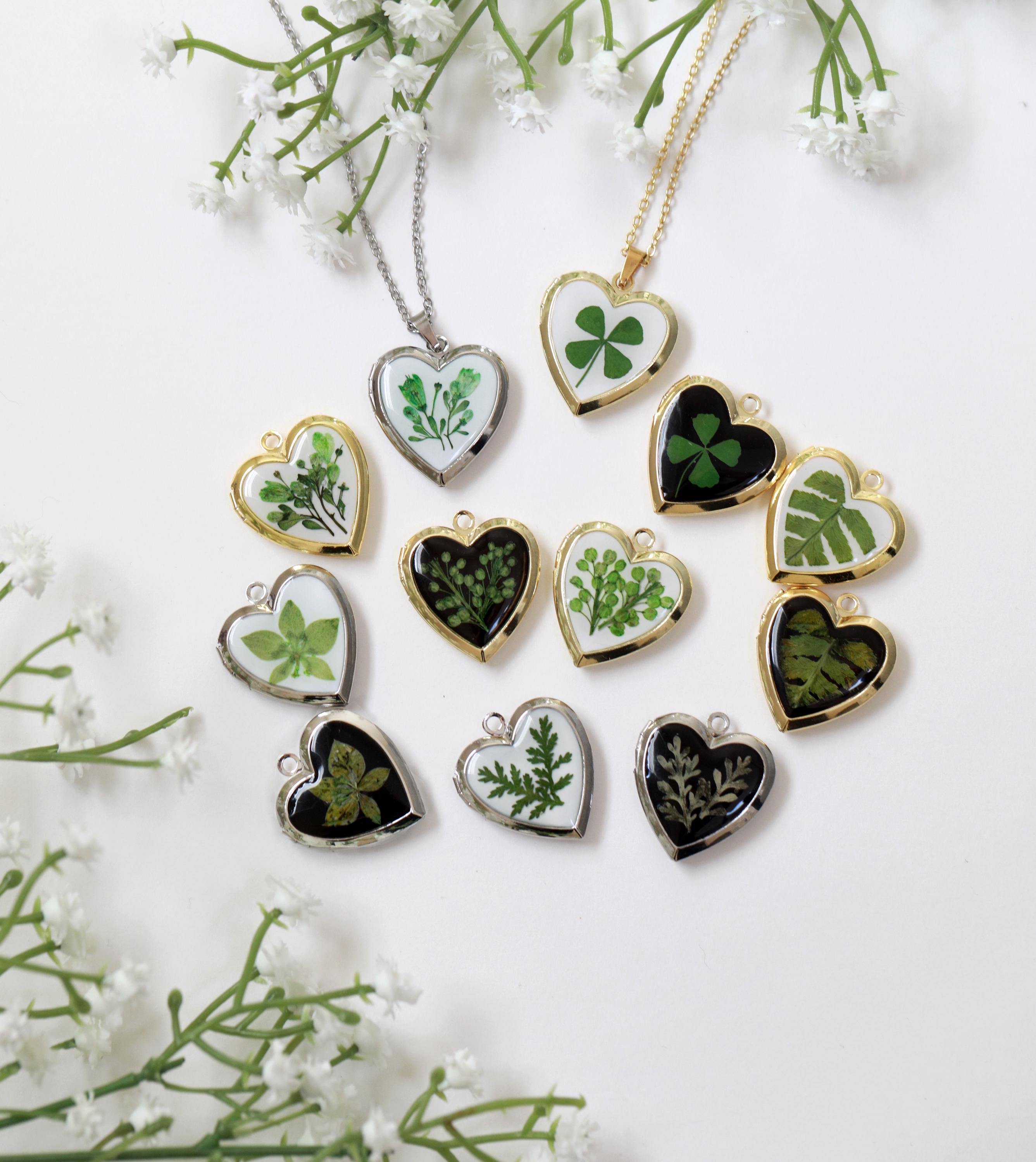 Handmade Natural Green Leaf Heart Locket Necklace| Pressed Flowers ...