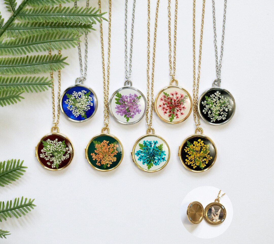 Round Locket Necklace Pressed Flower Locket With Photo Necklace ...