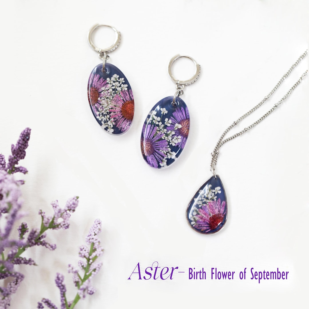 Pressed Flower Aster Teardrop Necklace Dangle Earrings| September Birth ...