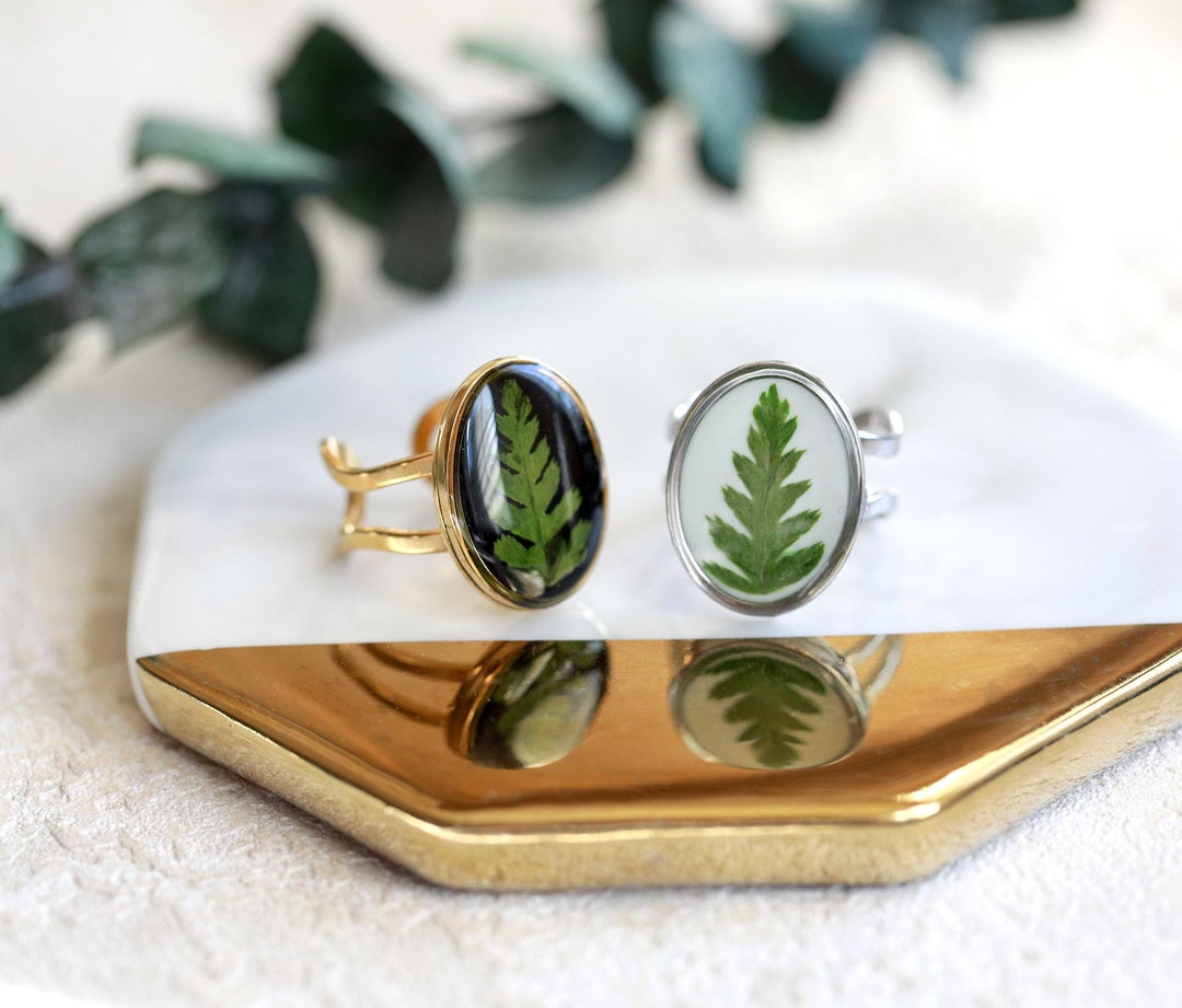 Handmade Fern Ring Green Leaf Oval Stainless Steel Adjustable Ring ...