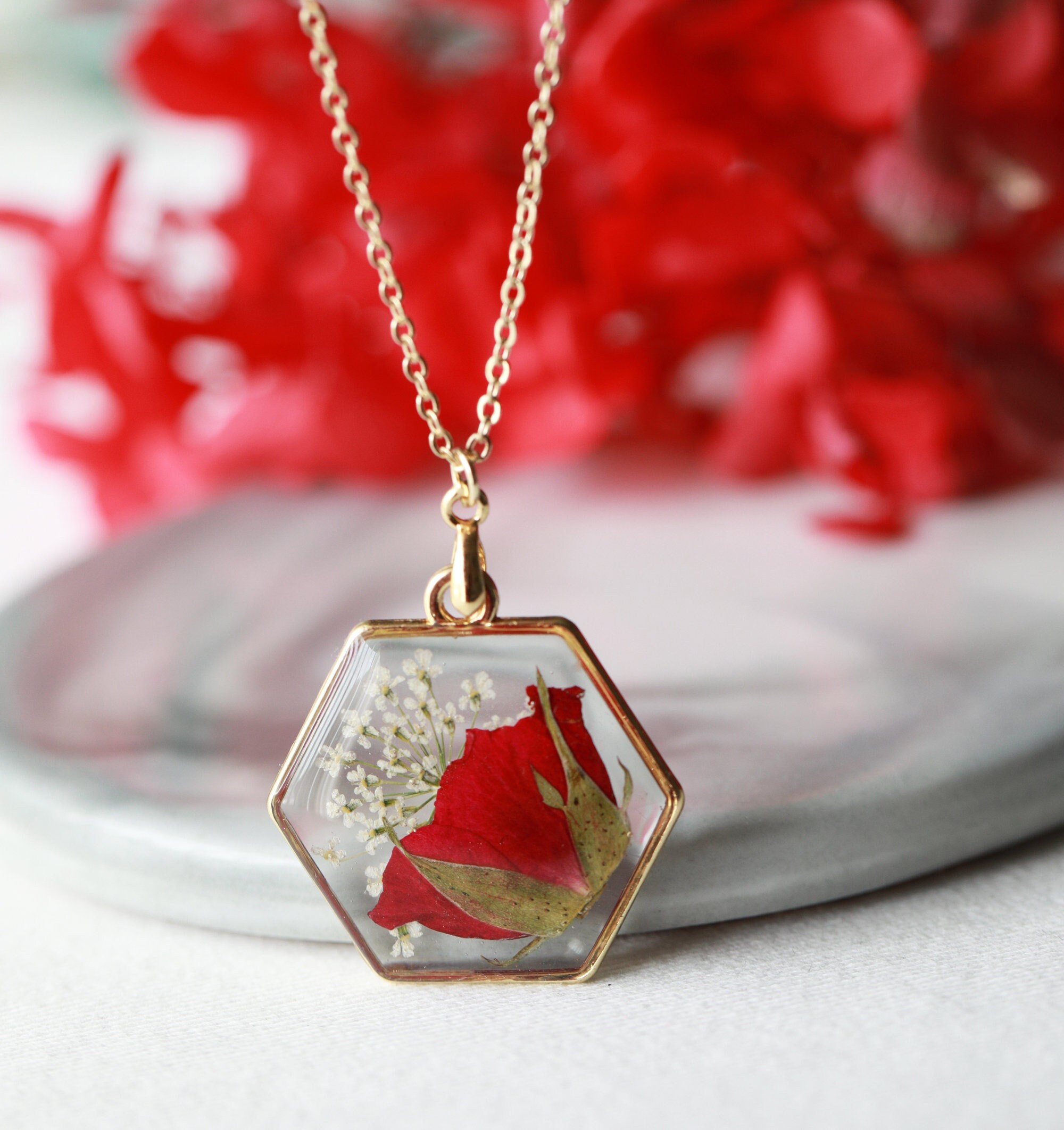 Pressed Real Flower Red Rose 925 Sterling Silver Necklace Heart/hexagon ...