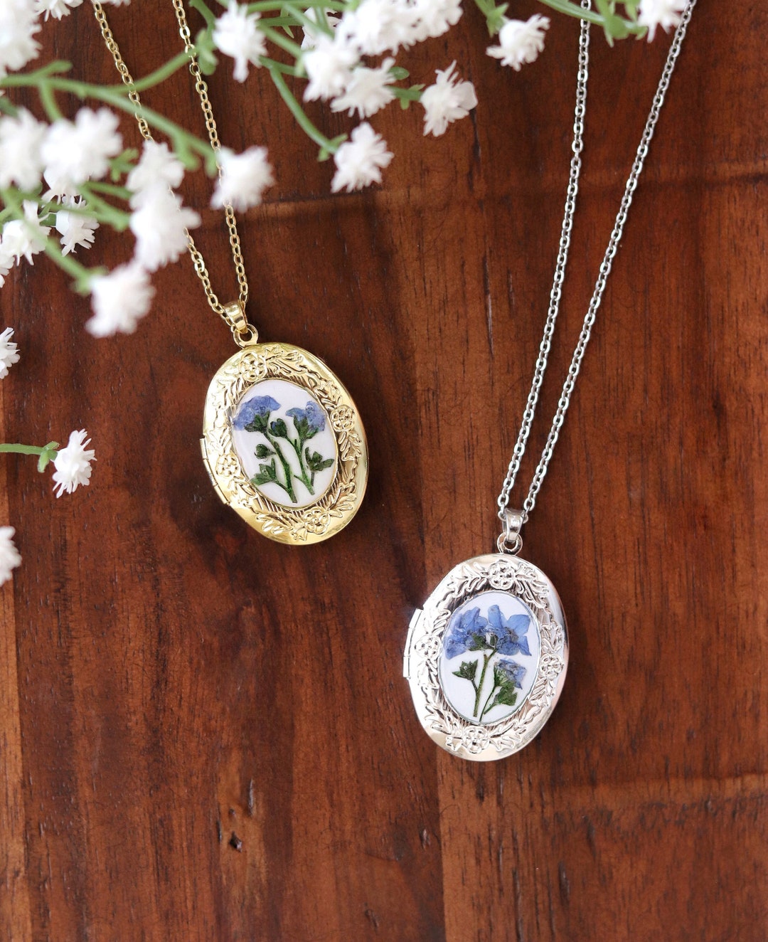 Handmade Pressed Flower Small Oval Locket Necklace| Forget Me Not ...