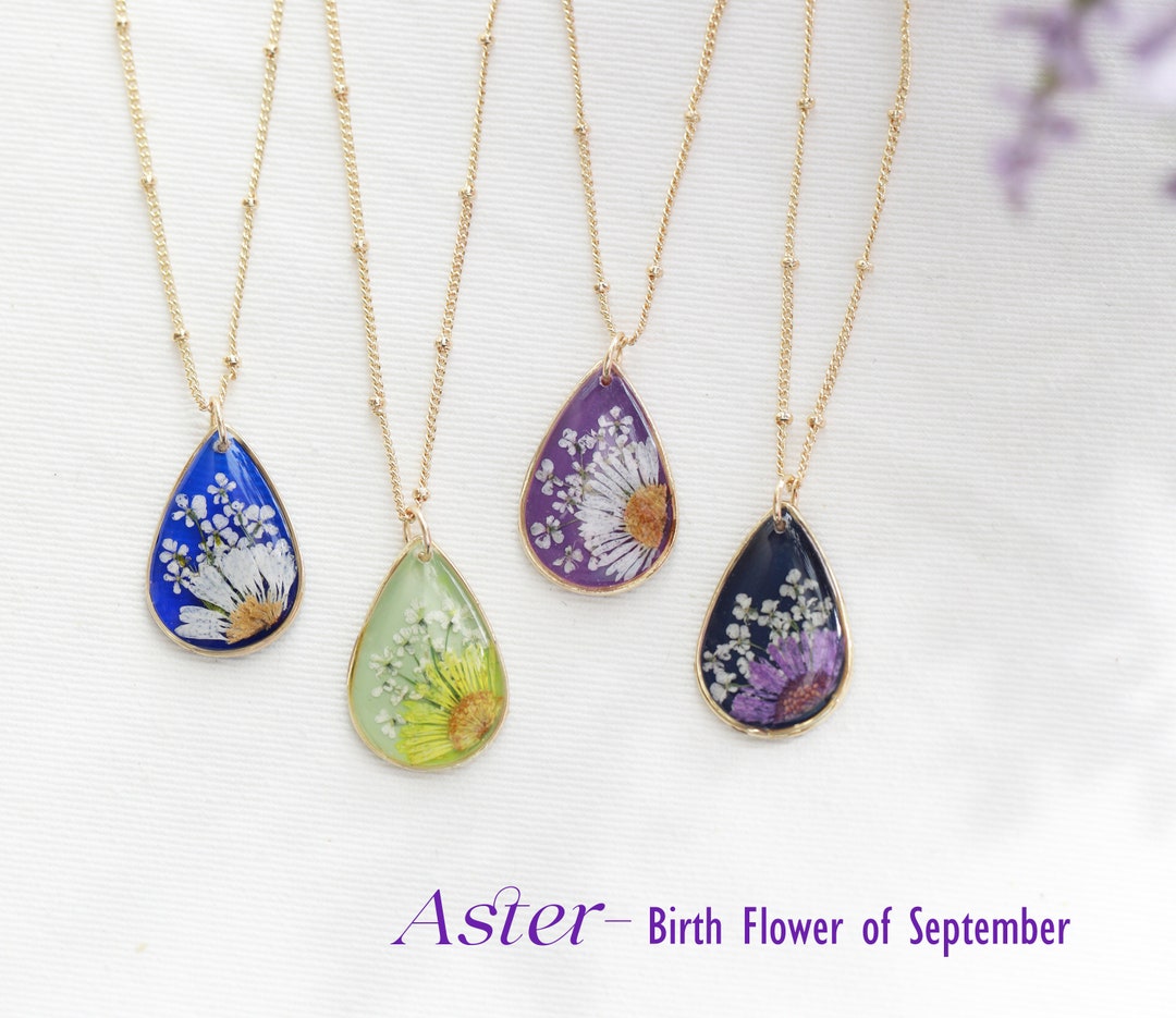 Handmade Pressed Aster 925 Sterling Silver Teardrop Pendant Necklace ...