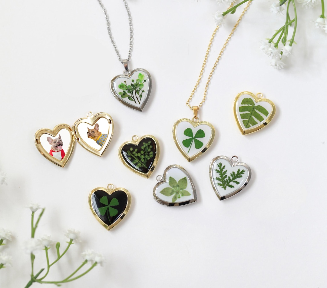 Handmade Natural Green Leaf Heart Locket Necklace| Pressed Flowers ...