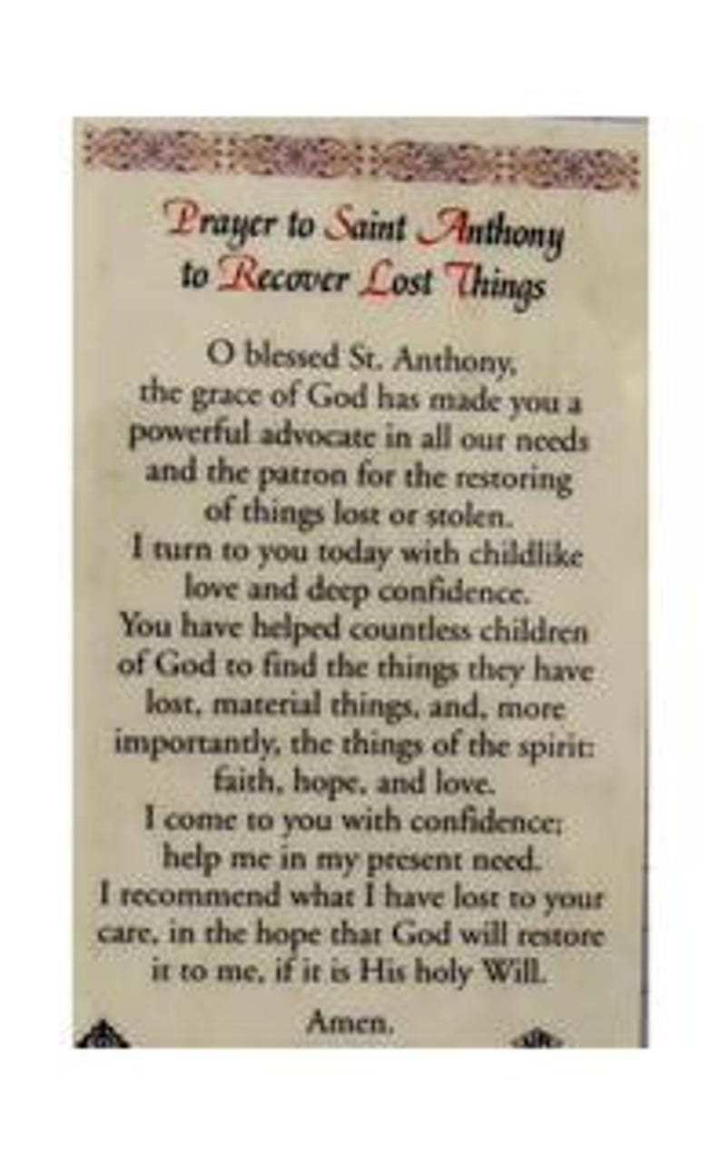 Saint Anthony - Prayer to Recover Lost Things Laminated Prayer Cards 2 ...