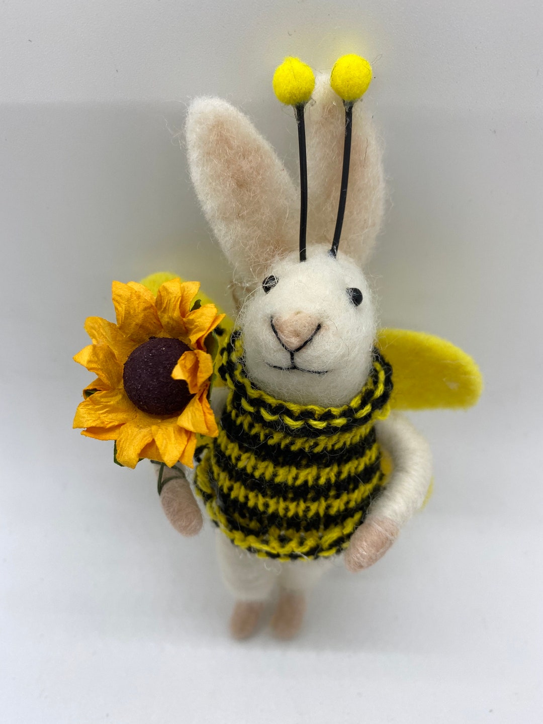 Felt Bee Bunny Hanging Ornament With Bee Striped Sweater and Holding a ...