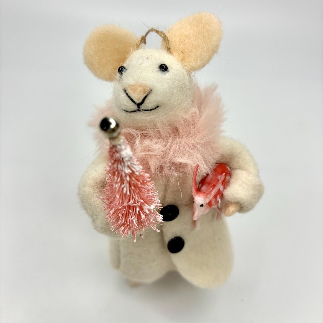 Christmas Mouse Holds a Pink Deer & Pink Tree With Vintage Silver Glass ...