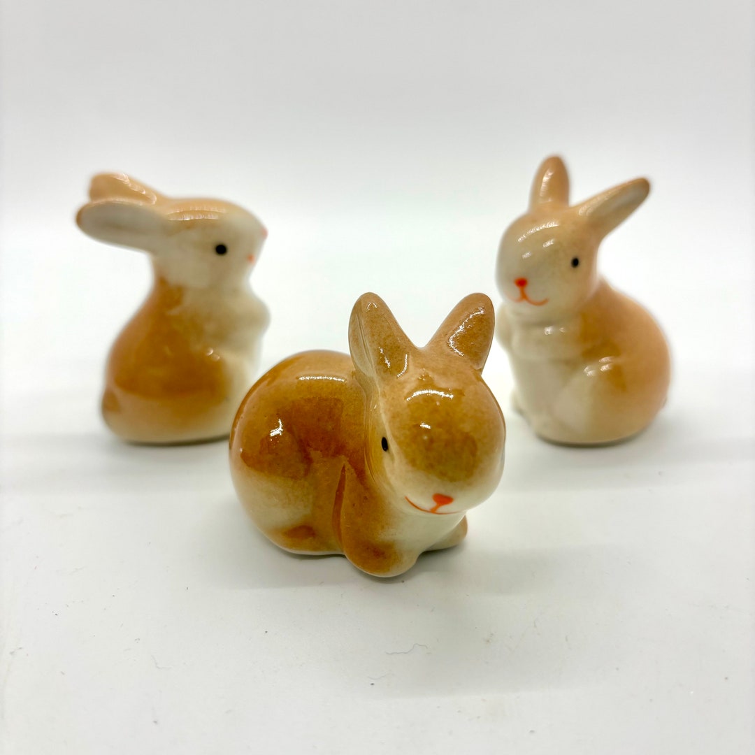Set of 3 Ceramic Mini Brown Bunny Rabbits for Spring, Easter, Dioramas ...