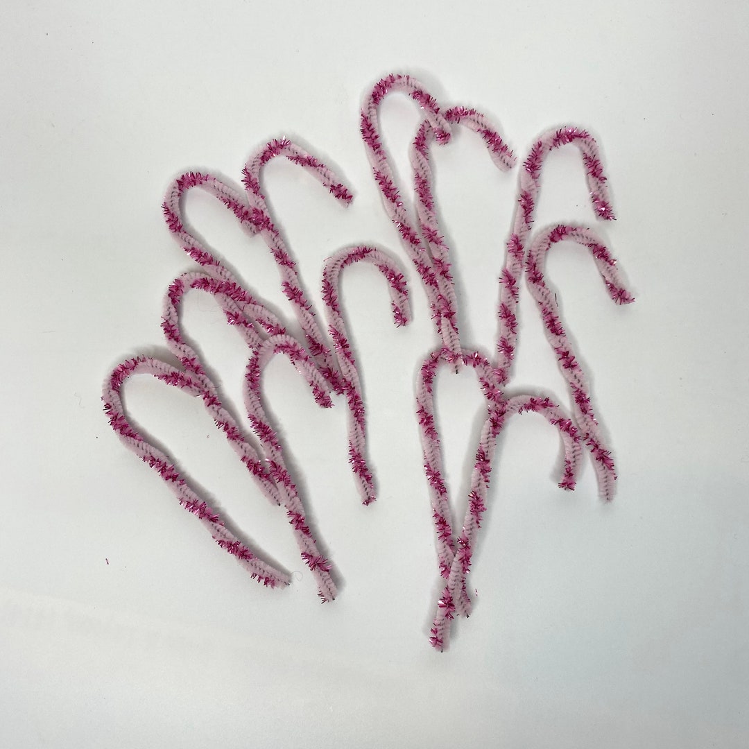 Pink Wired Chenille & Tinsel Candy Cane Ornaments, Set of 12 Handmade ...