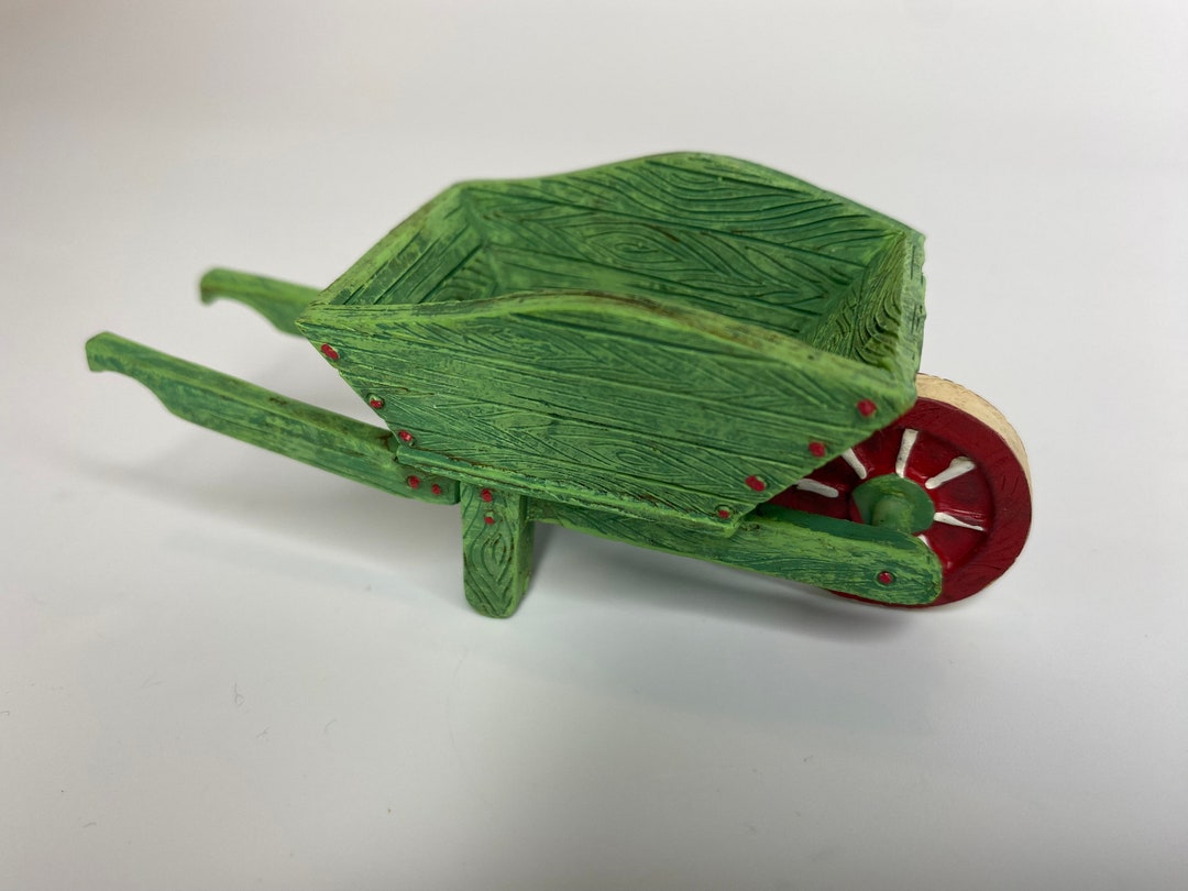 Mini Wheelbarrow Fairy Garden, Cute Green Wood Look With Red Wheel and ...