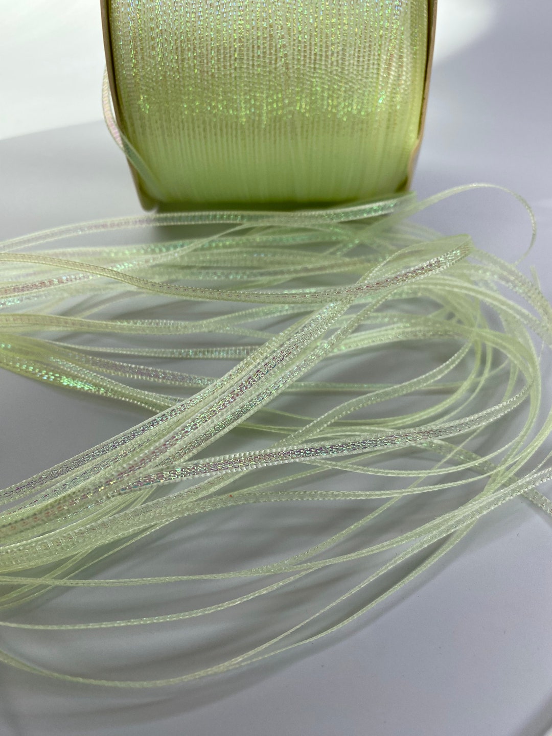 1/8" Iridescent Mint Green Ribbon, 10 Yds+ Sparkle Metallic Has Pink ...