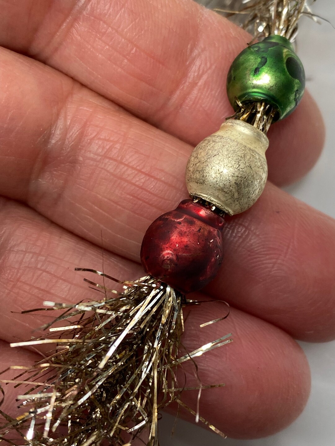 SALE! Antique Silver Tinsel With Glass Beads, 6ft Long, Red, Green ...