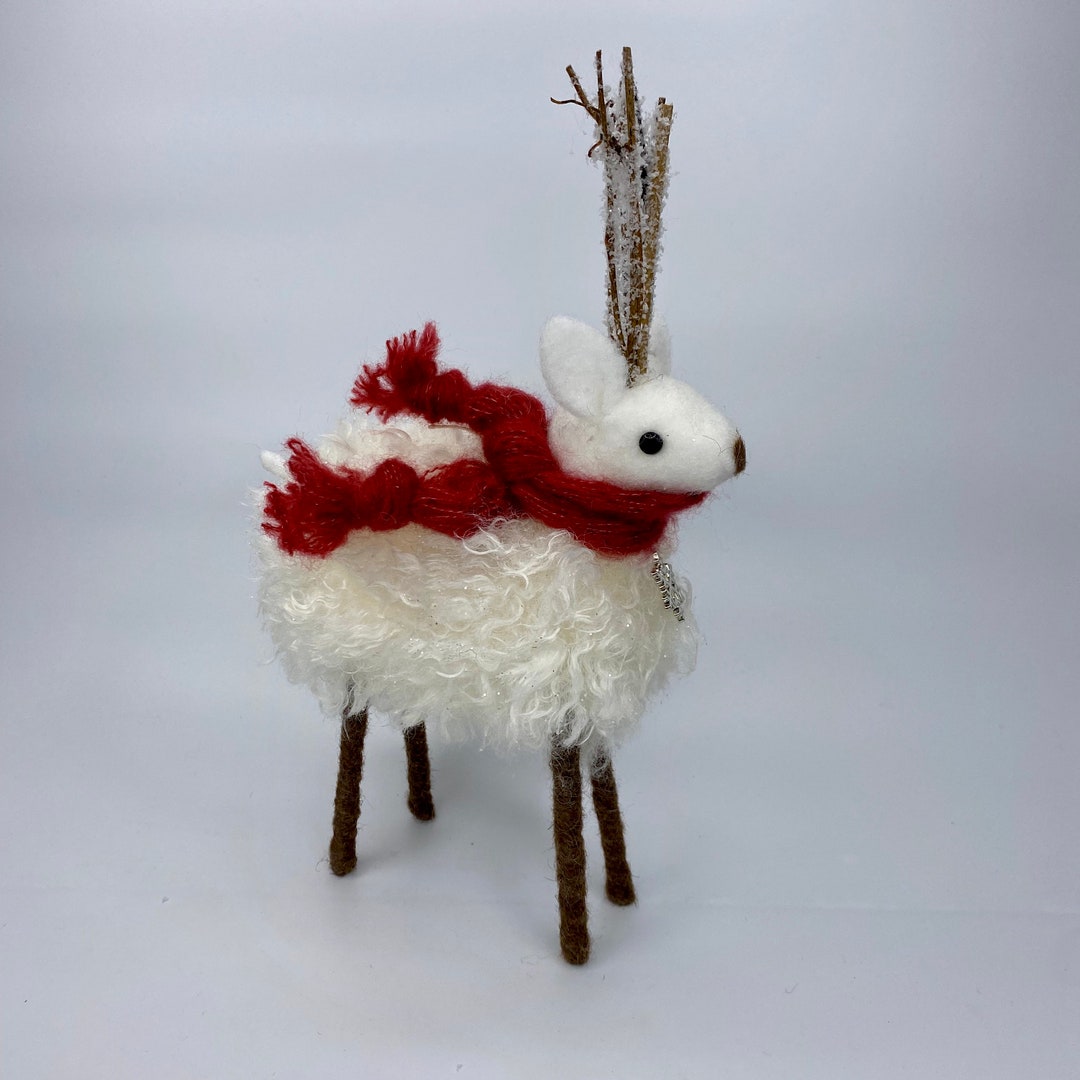 Creamy White Felt Deer: Full Body Fur Reindeer Snowflake Charm, Scarf ...