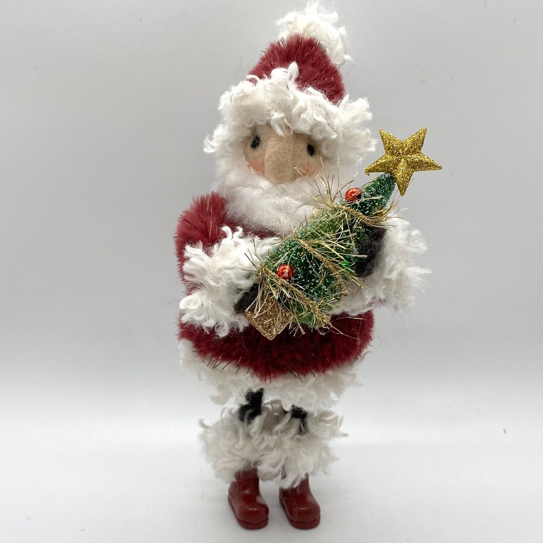 Red Santa, Felt and Fury Standing Santa Holding Bottle Brush Tree With ...