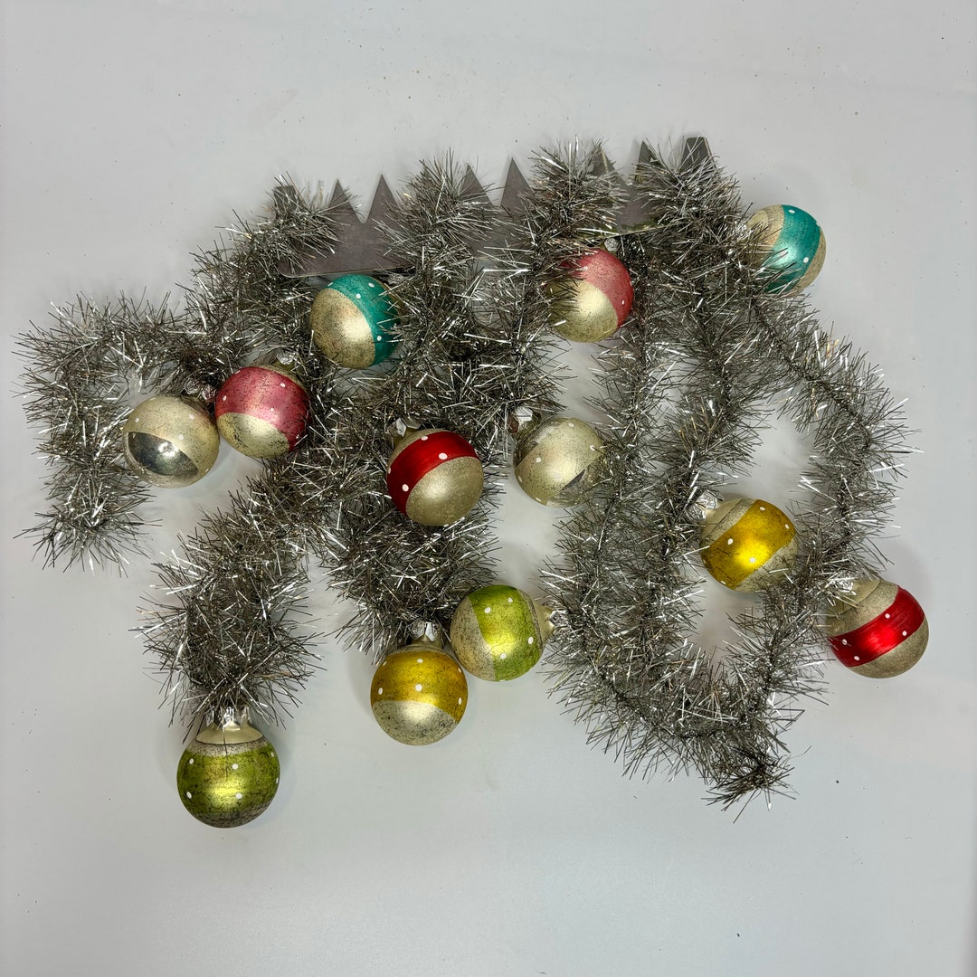 Christmas Silver Tinsel Garland, 12 Striped and Dotted Glass Ball ...