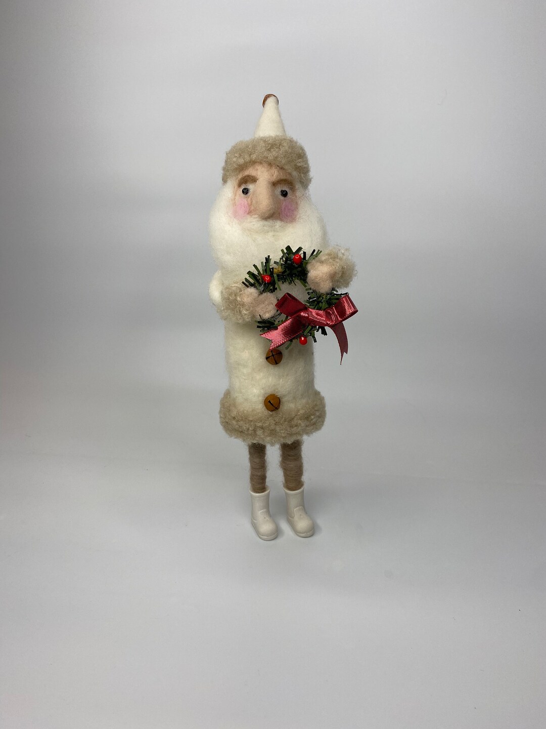Tall Cream Santa, Felt and Fury Standing Santa With Wreath, for Your ...