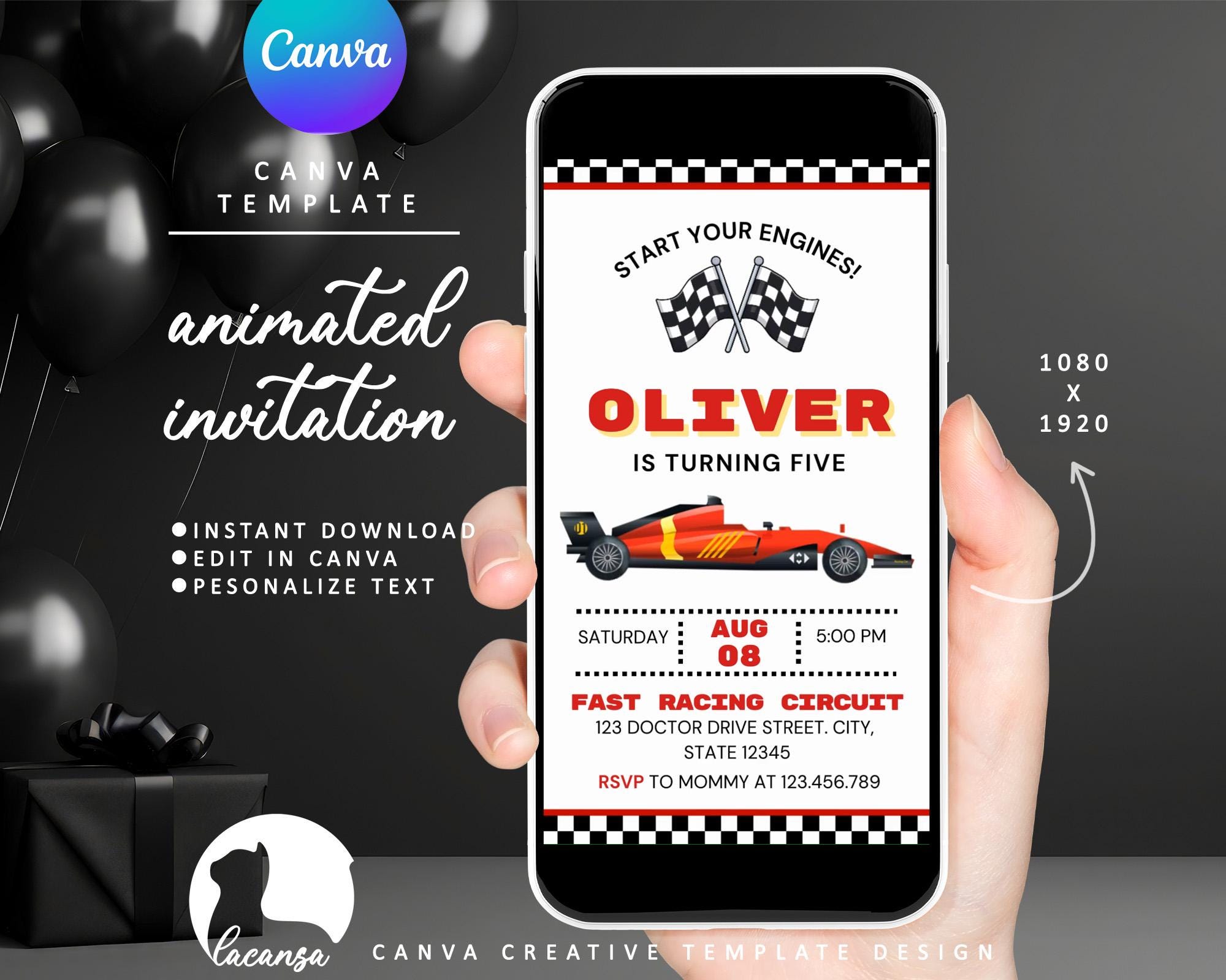 ANIMATED Racing Car Birthday Invitation, Editable Canva Template ...