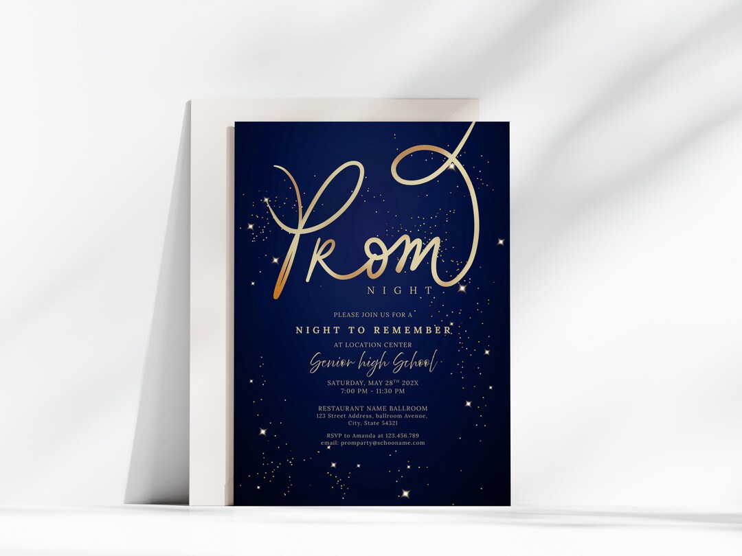 Editable Prom Invitation, Printable Navy Blue & Gold Senior Prom ...