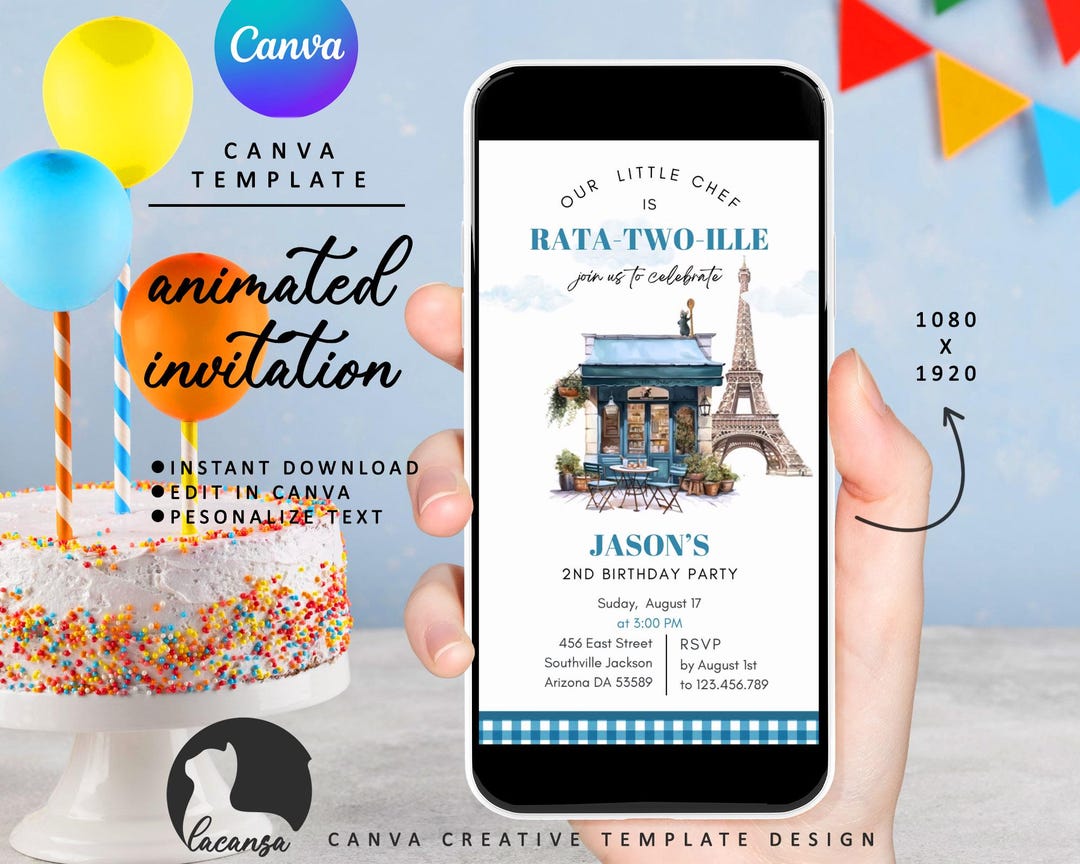 Animated Rata-two-ille Birthday Invitation, Editable Canva Template ...