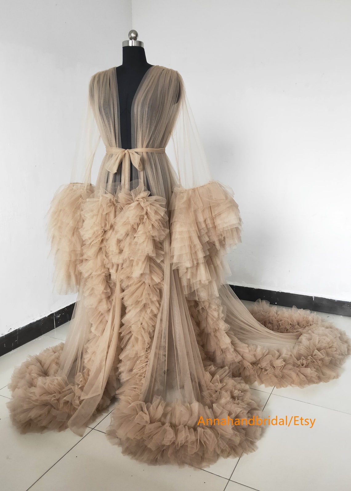 Tan Maternity Robe/open Front Ruffle Tulle Dress Photo Shoot - Etsy