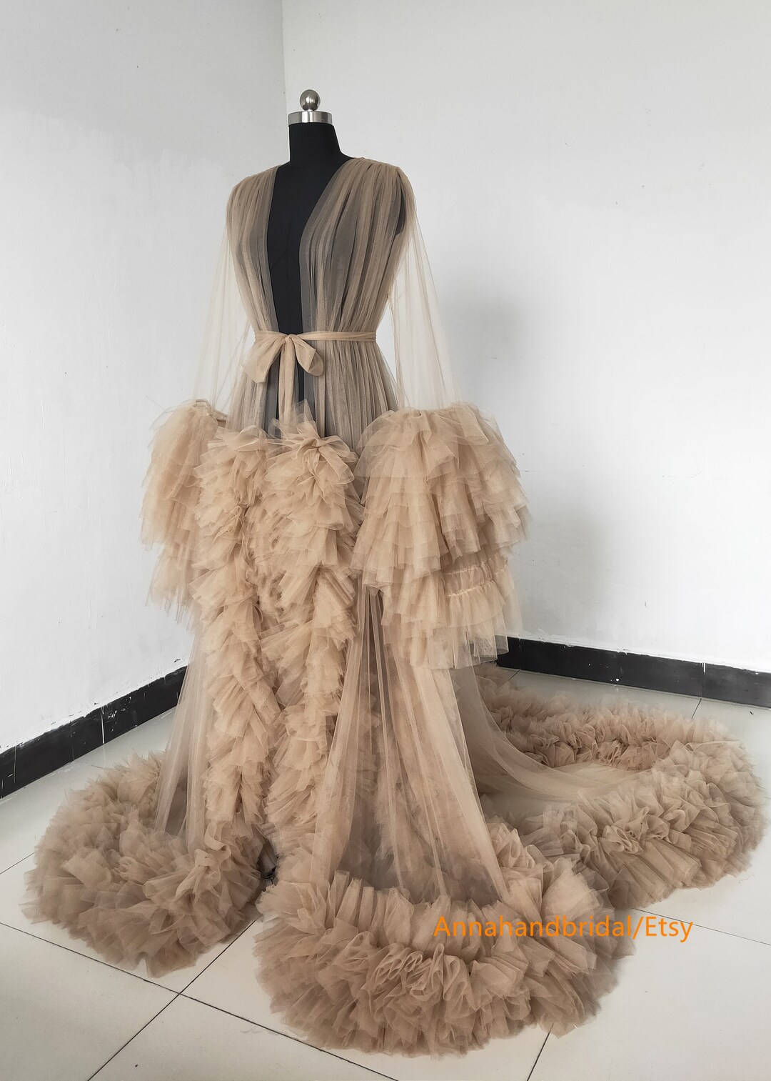Tan Maternity Robe/open Front Ruffle Tulle Dress Photo Shoot Dress ...