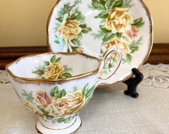 Royal Albert Tea Cup and Saucer, Yellow Roses on Green Tea Cup and ...