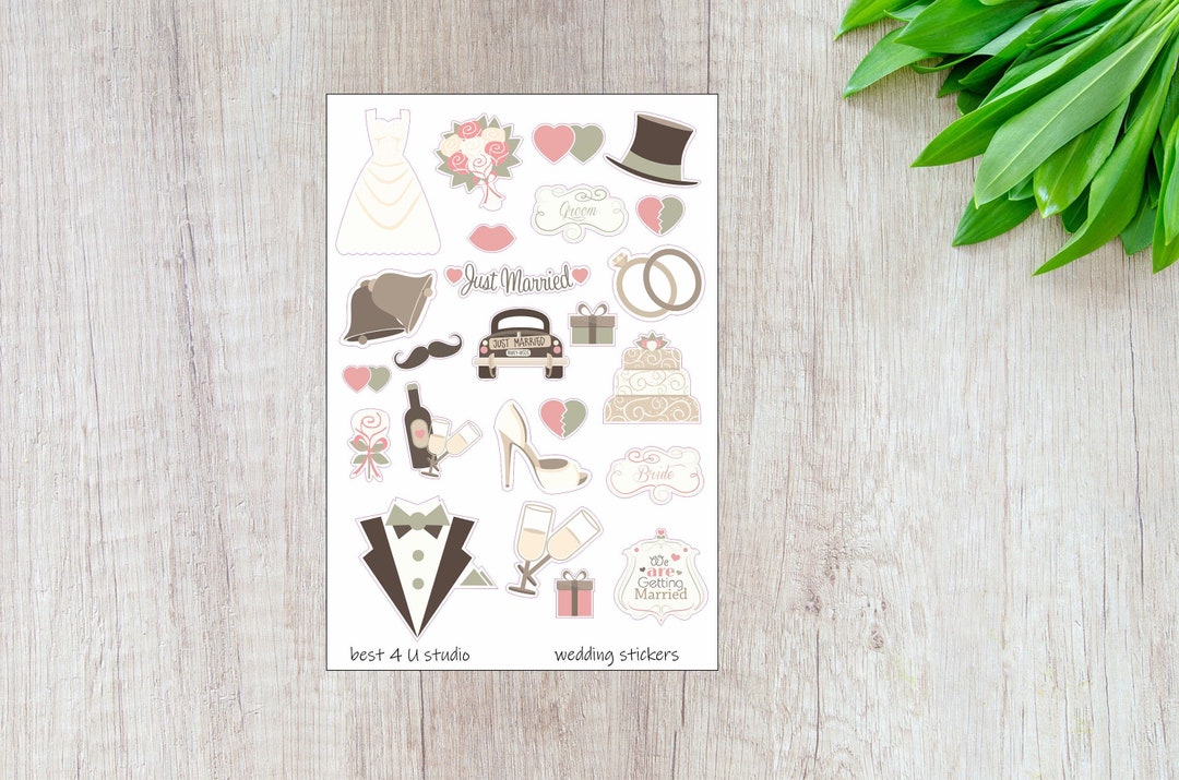 Just Married Sticker Sheet, Wedding Stickers, Planner Stickers, Journal ...
