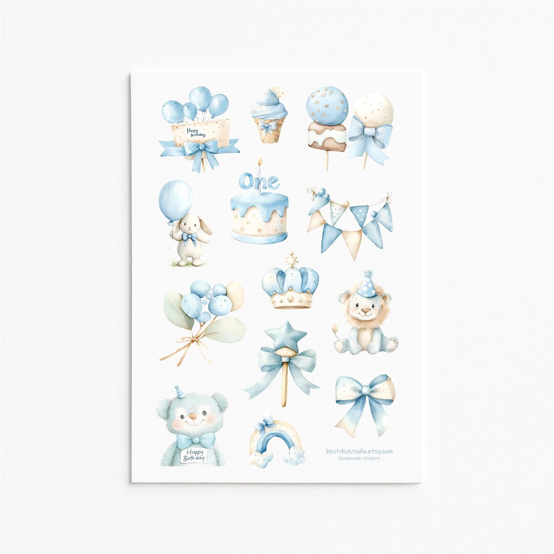 Blue First Birthday Stickers for Party Journals and Crafts - Etsy