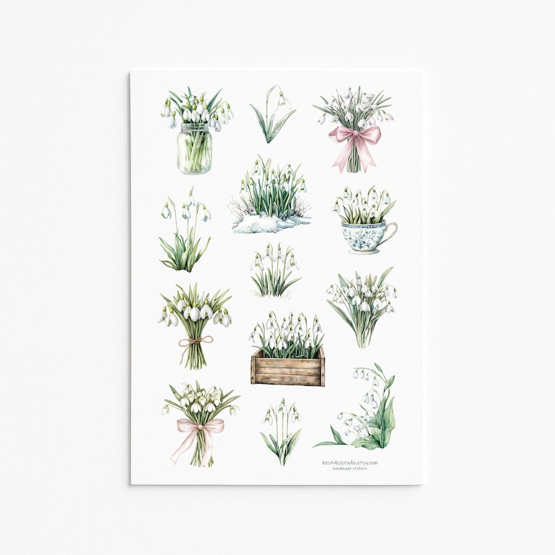 Snowdrop Sticker Sheet Early Spring Flowers Teacup Mason Jar Floral ...