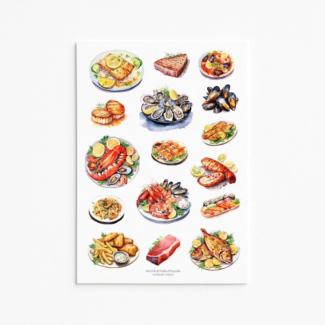 Seafood Stickers Fish Lobster Sushi Shellfish Ocean Food Journal Sheet ...