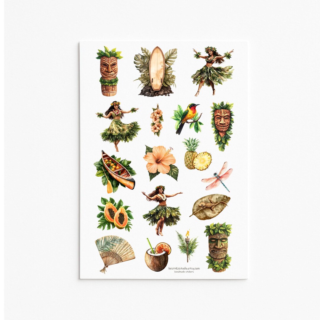 Tiki Luau Sticker Pack – Hawaiian Hula & Tropical Surf Vinyl Stickers ...