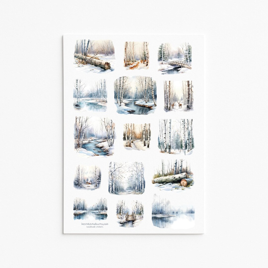 Winter Wonderland Stickers – Serene Snowy Landscapes and Birch Forests ...