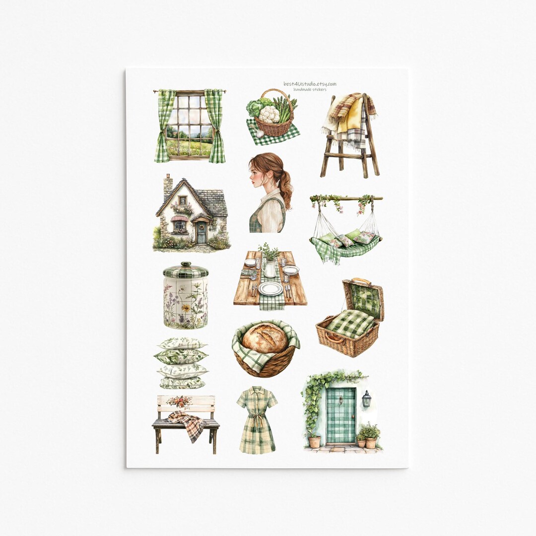 Cottagecore Sticker Sheet With Green Plaid Cozy Decor and Garden Vibes ...
