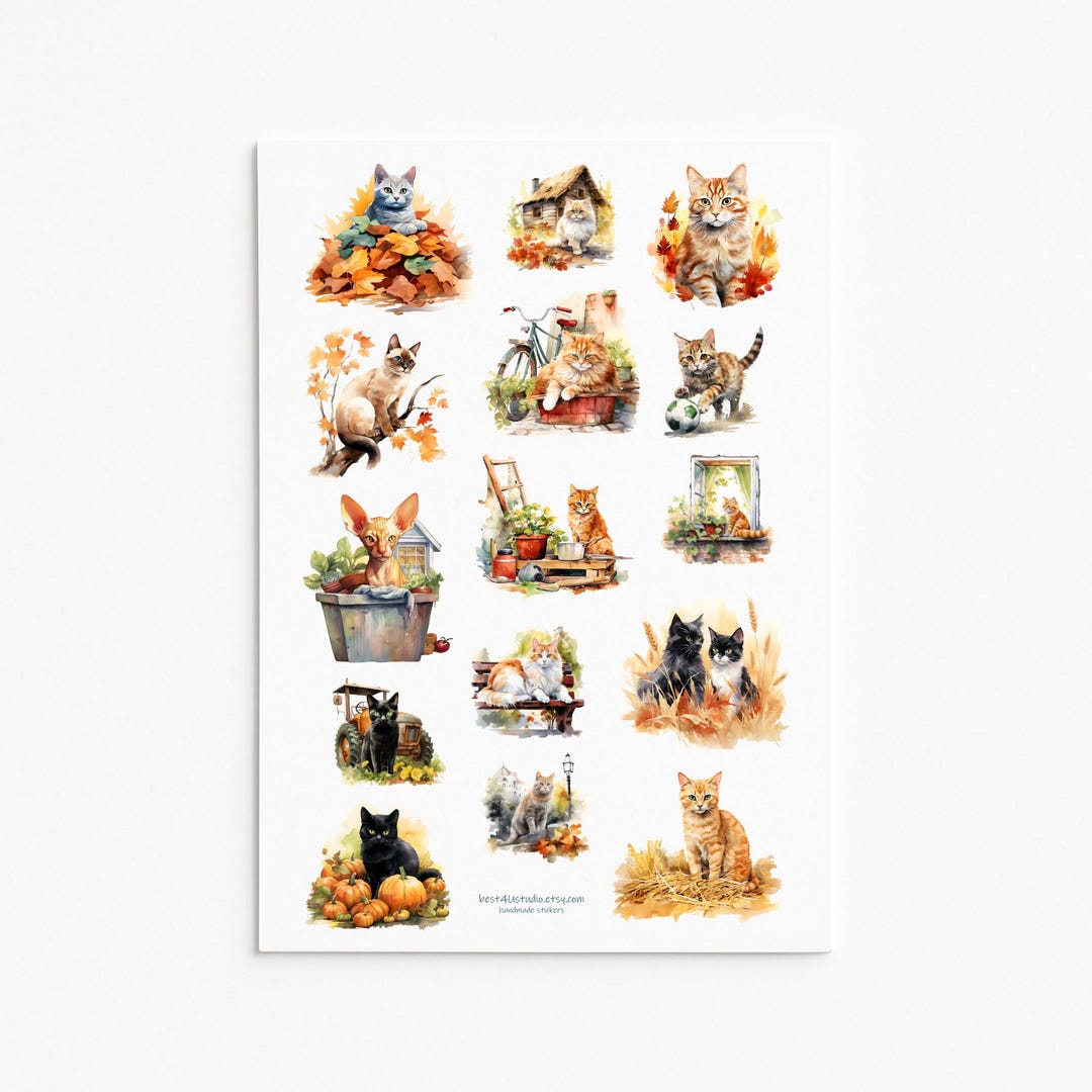 Cats in Autumn Sticker Set – Cozy Fall Cat Stickers for Journals ...