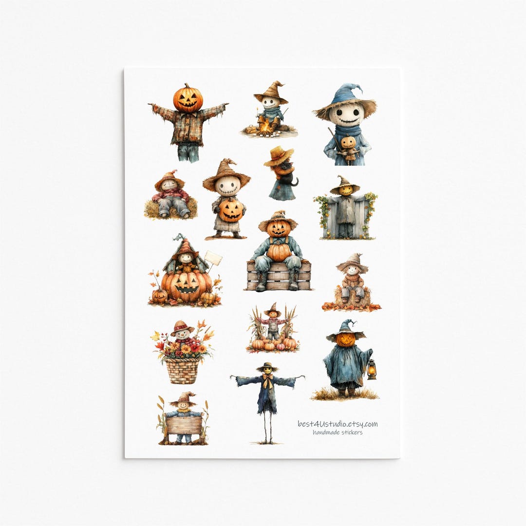 Halloween Scarecrow Sticker Sheet: Pumpkin Faces, Autumn Decor - Etsy