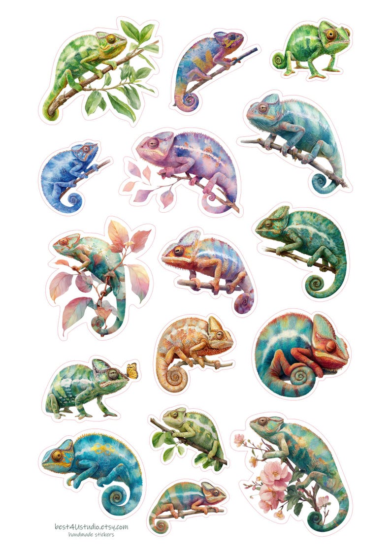 Cartela de adesivos de camaleão, arte colorida de réptil, animal da ...