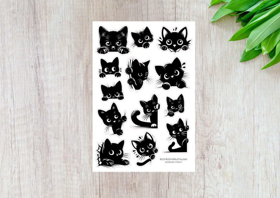 Peeking Black Cat Sticker Set, Cute Kitten Stickers - Etsy