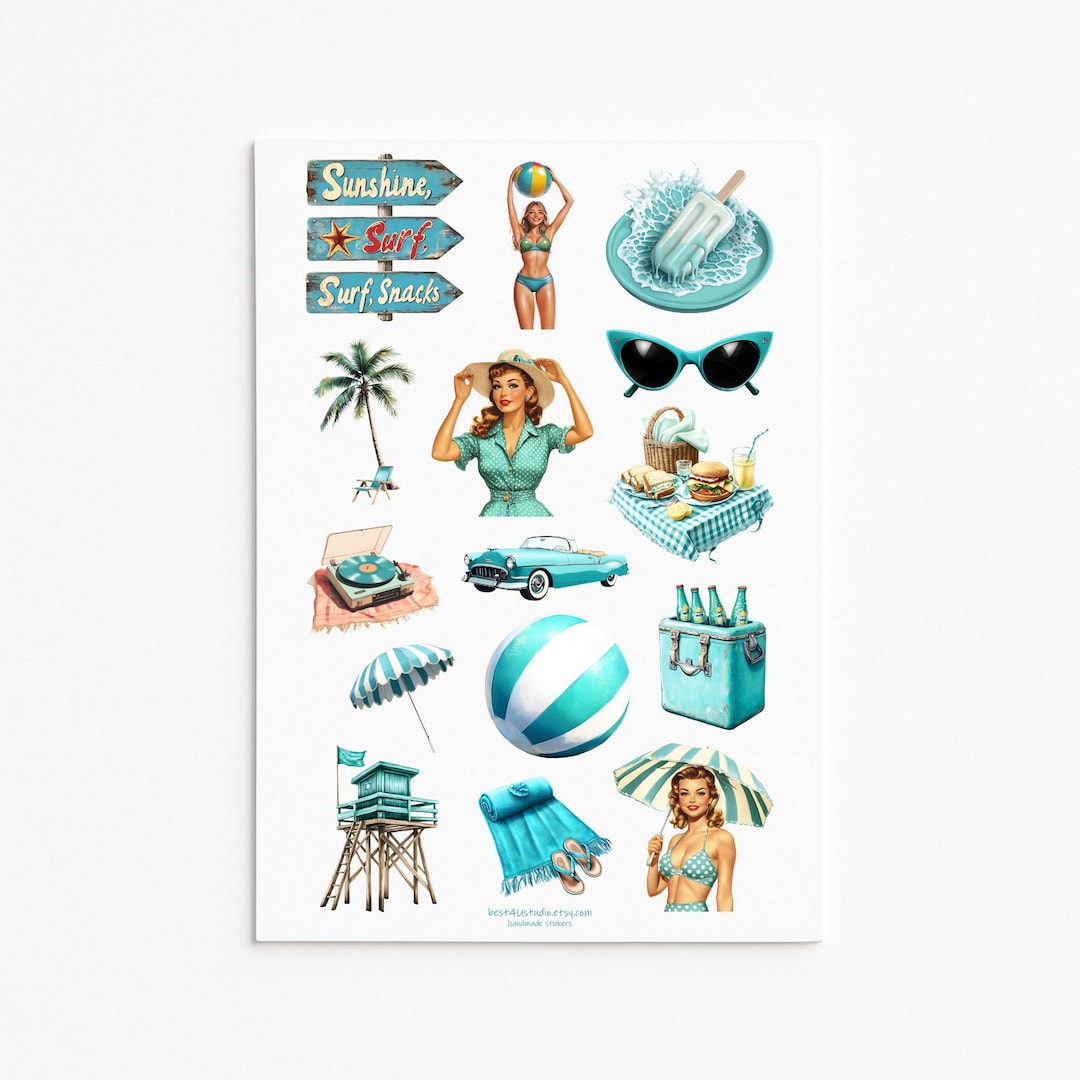 Retro Beach Sticker Pack: Turquoise Pin-up, Vintage Car, Surf Signs - Etsy