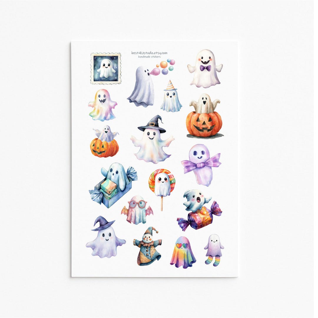 Cute Ghost Sticker Sheet With Halloween Costumes Candy Pumpkins for ...