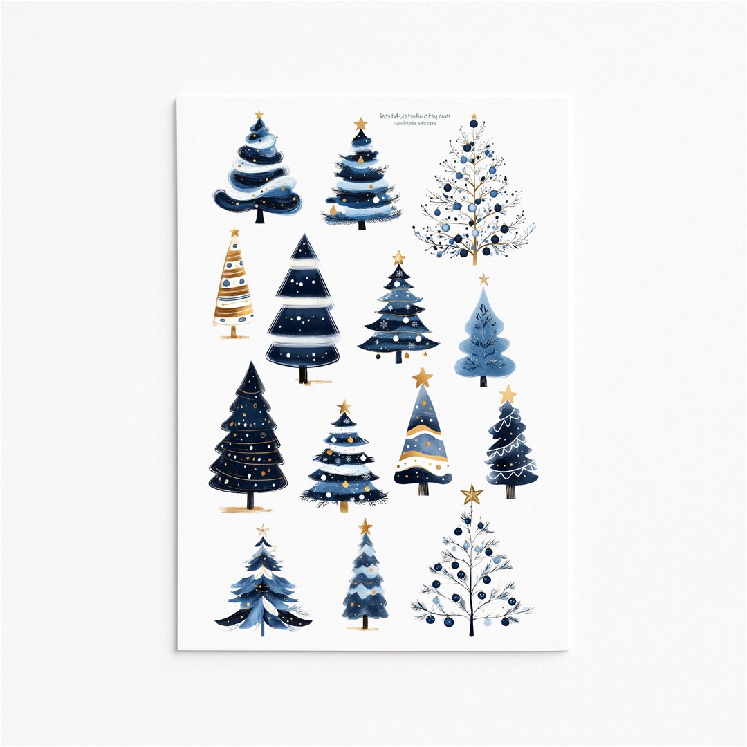 Elegant Blue Gold Christmas Tree Stickers | Holiday Sticker Pack ...
