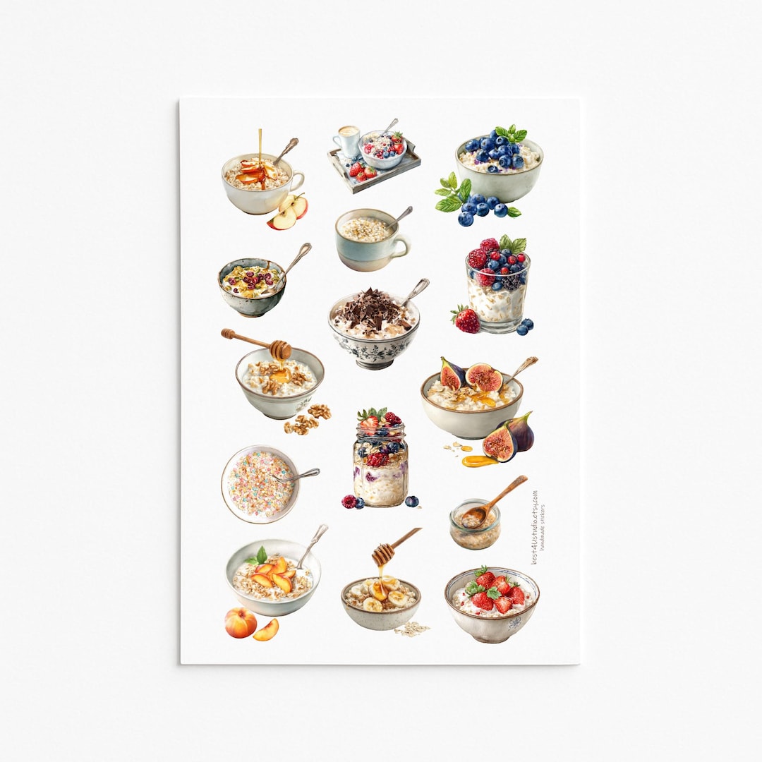 Oatmeal Sticker Sheet Breakfast Bowls Fruit Honey Nuts Chocolate Coffee ...