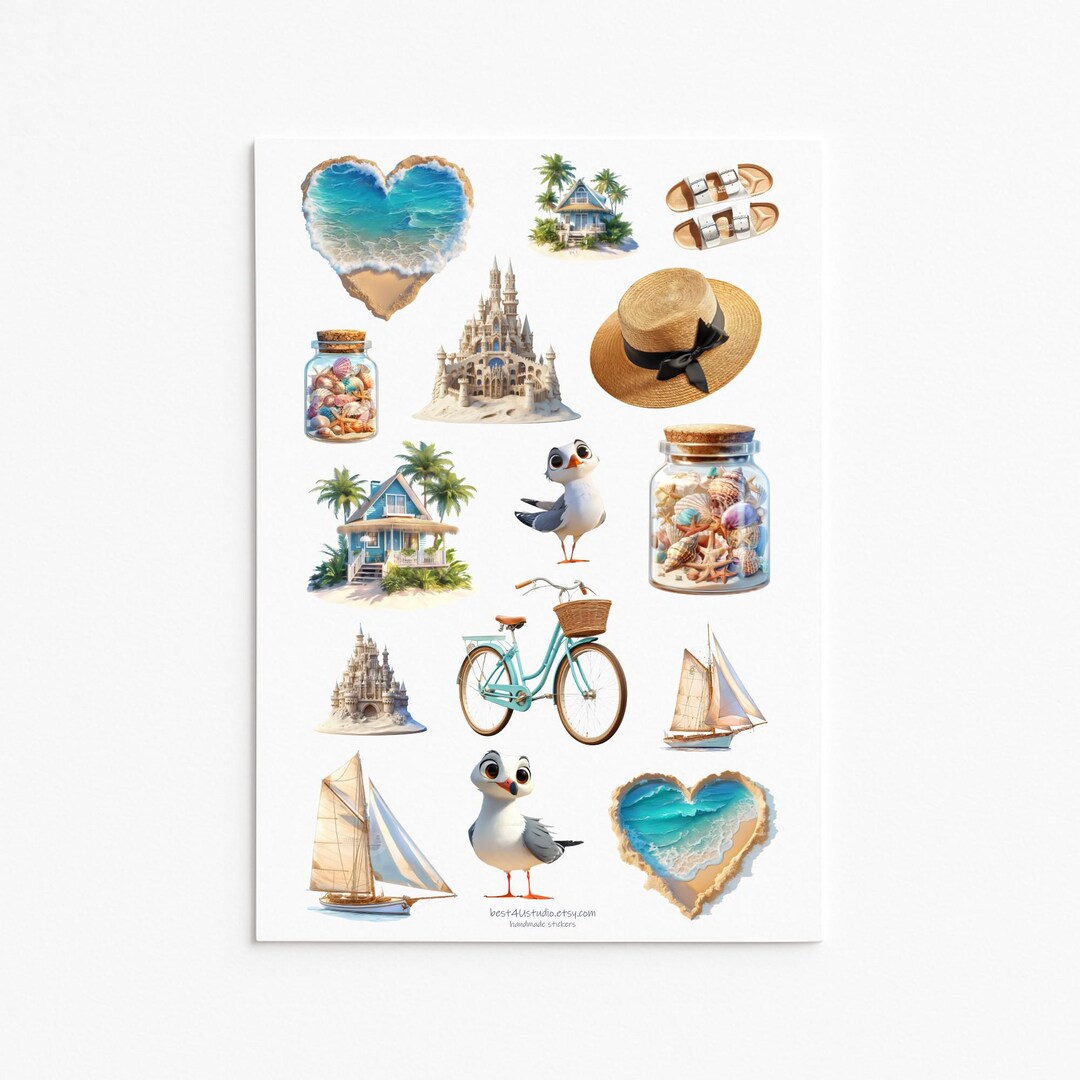 Coastal Cottage Sticker Pack – Beach Sandcastle, Seashell & Sailboat ...