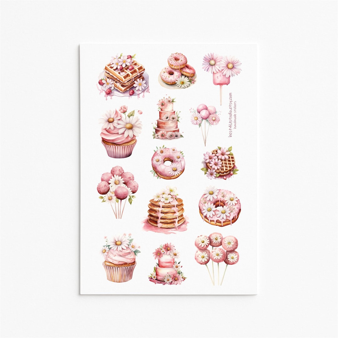 Dessert Sticker Sheet Pink Cupcake Donut Floral Cake Waffle Pancake Art ...