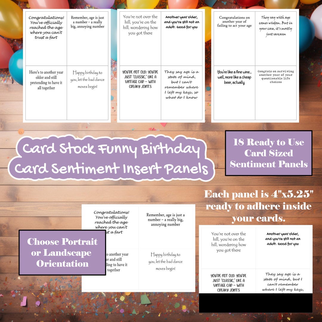 Funny Birthday Card Insert Panels - White or Cream Cardstock - Humorous ...
