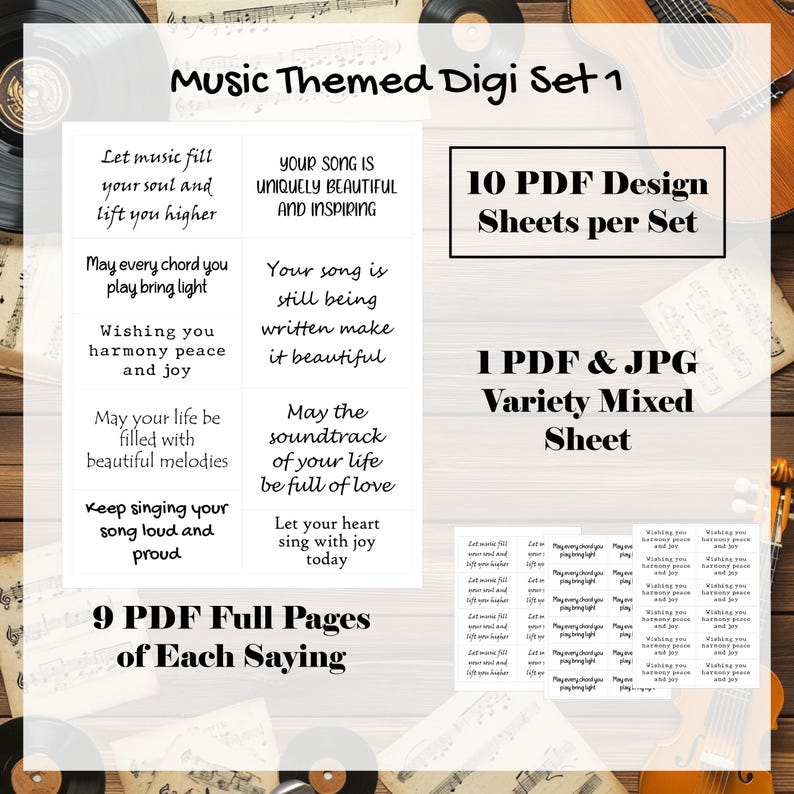 Music Themed Card Sentiments - Digital Card Greeting Inserts ...