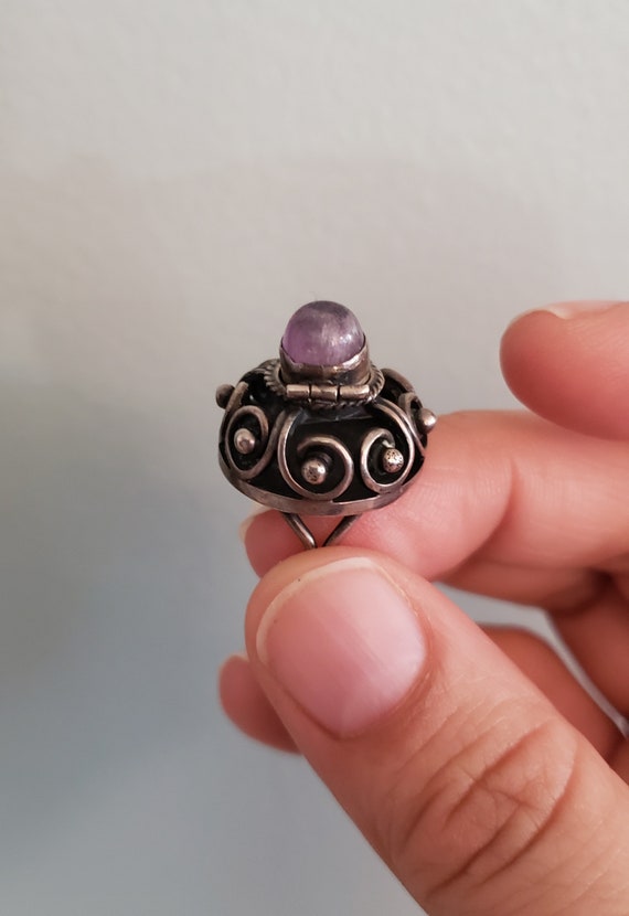 Mexican Amethyst Sterling Silver Poison Drug Ring - Gem