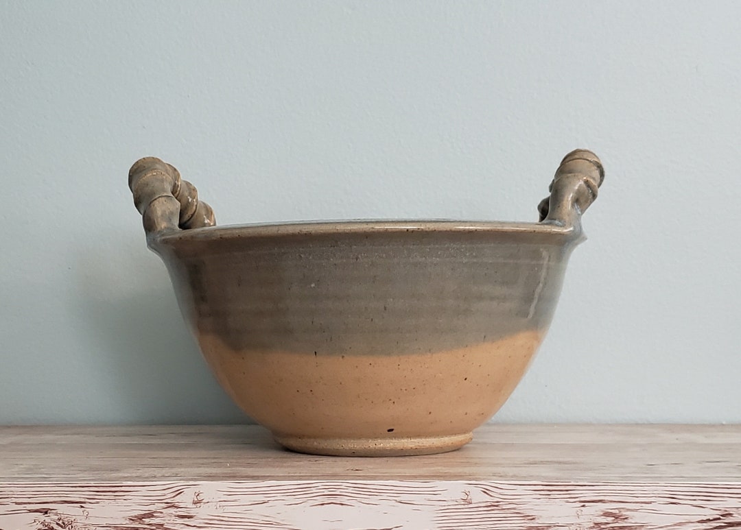 Stoneware Signed Hand Thrown Double Twisted Handle Studio Pottery Bowl ...