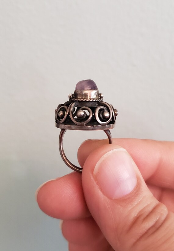 Mexican Amethyst Sterling Silver Poison Drug Ring - Gem