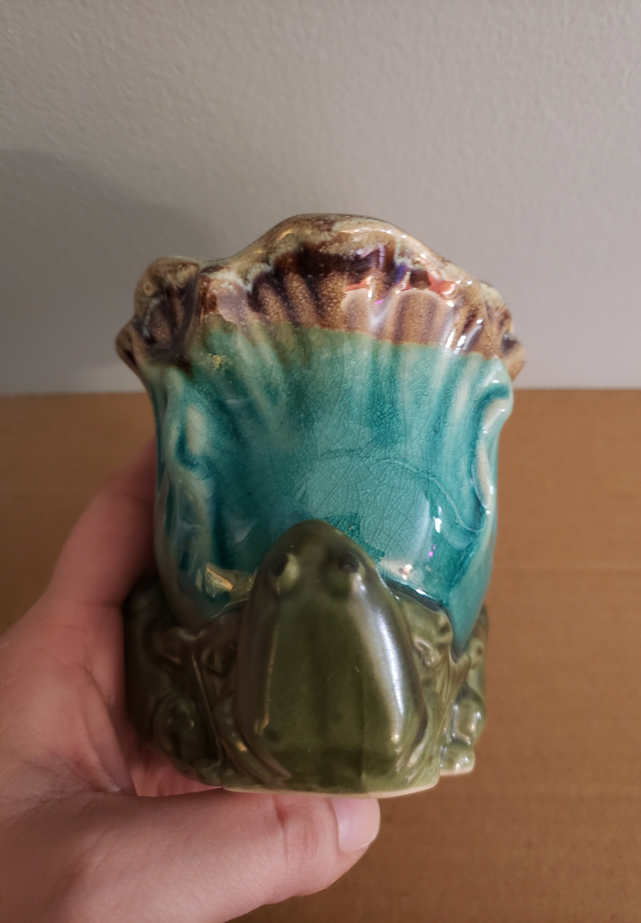 RARE Majolica Lily Pad Flower & Frogs Vase Planter Drip Glazed Pottery ...