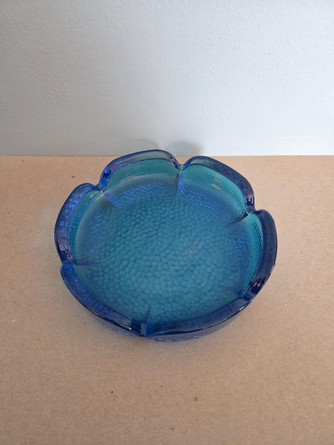 Blenko Lotus Flower Textured Pebbled Blue Art Glass Ashtray Trinket ...
